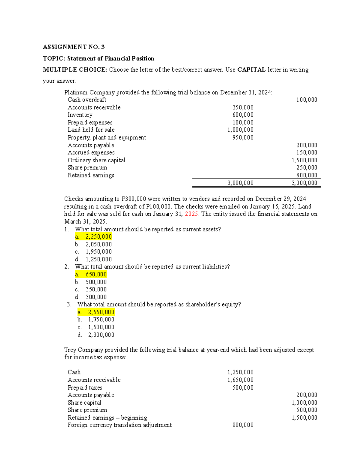 SFS-Assignment 3: Statement of Financial Position MCQs - Studocu