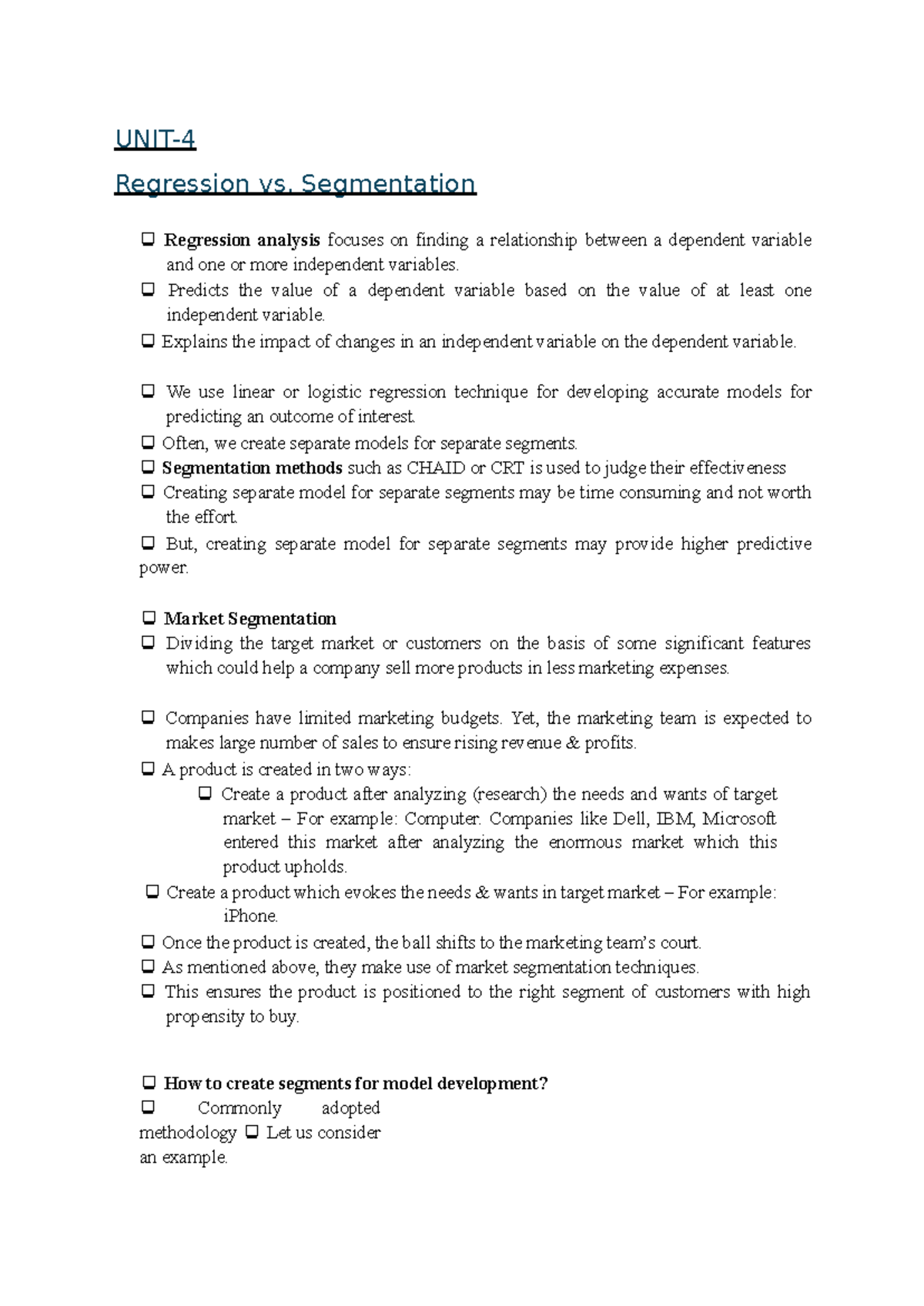 Unit-4: Regression vs. Segmentation Analysis in Predictive Modeling ...