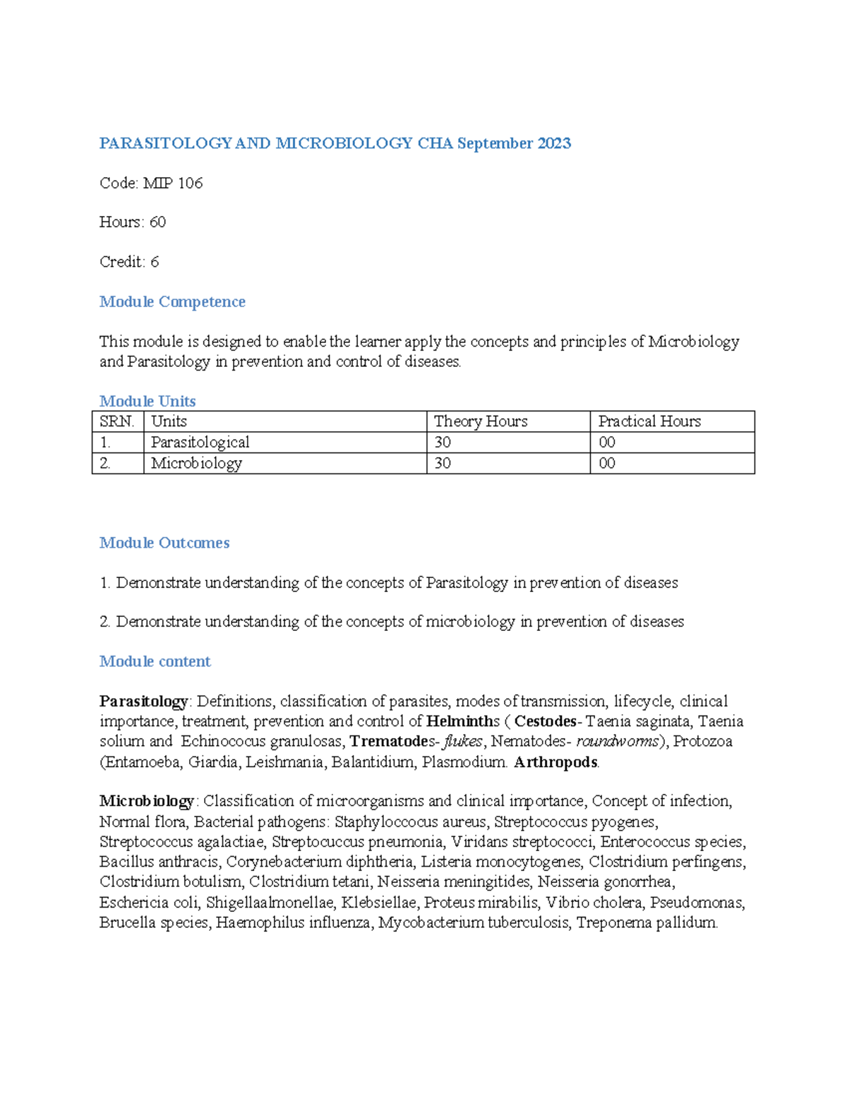 Parasitology and Microbiology MIP 106 September 2023 Lecture Notes ...