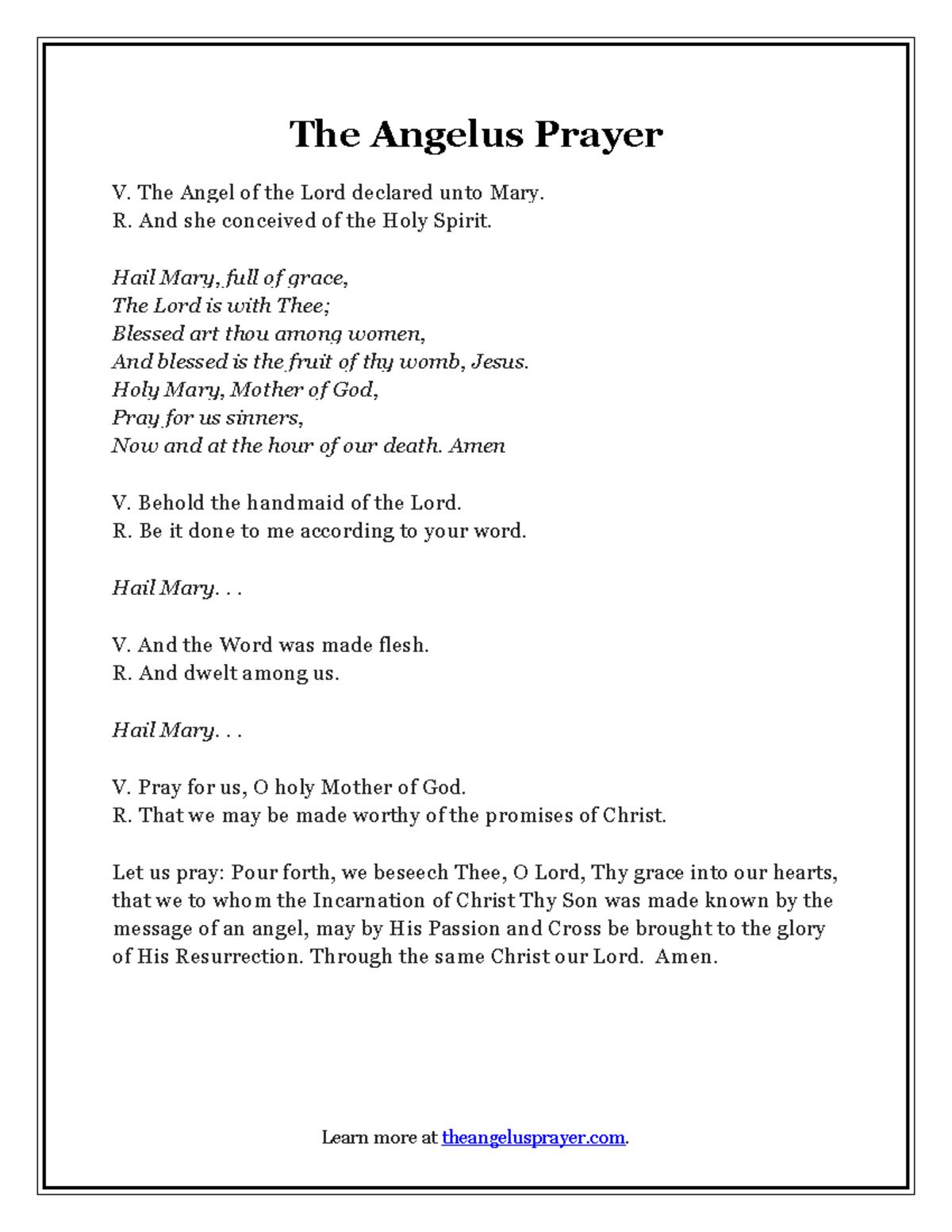 Angelus-prayer-handout - The Angelus Prayer V. The Angel of the Lord ...