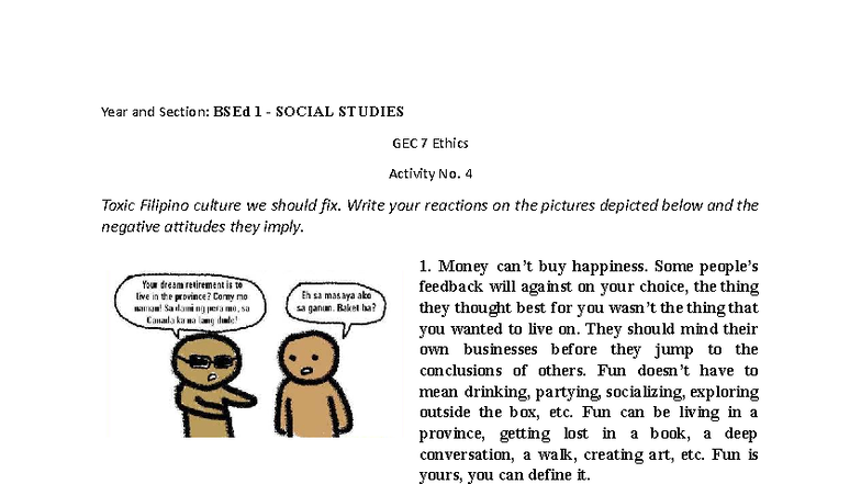 BSEd 1 GEC 7 Ethics Activity 4: Reflections on Toxic Filipino Culture ...