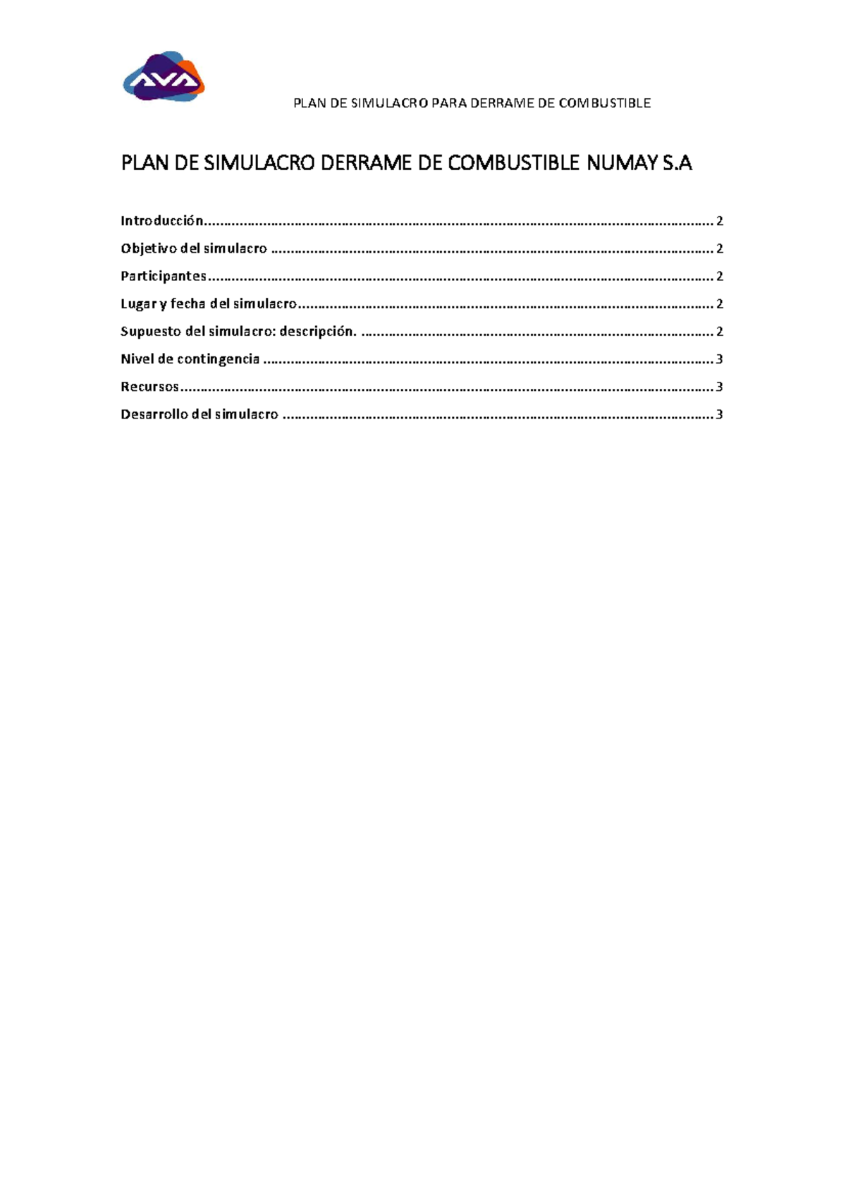 PLAN DE SIMULACRO DERRAME DE COMBUSTIBLE NUMAY S.A. - Studocu