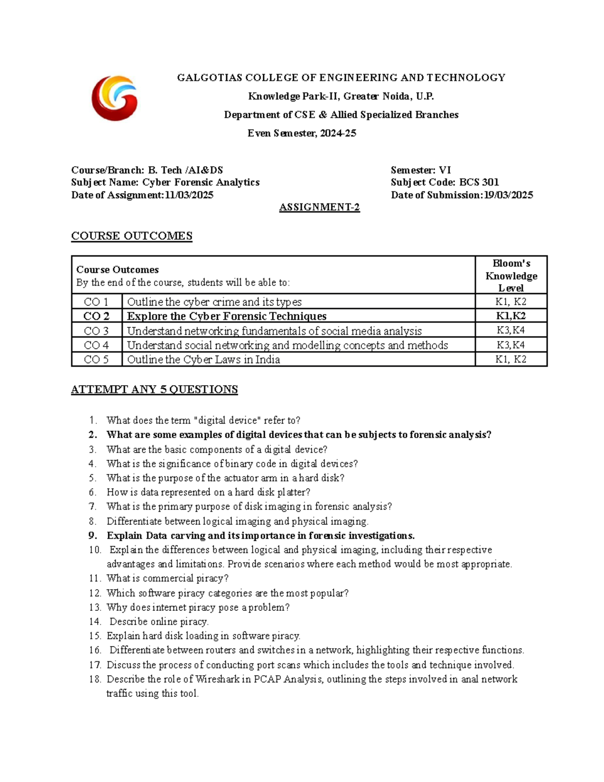 BCS 301 - Cyber Forensic Analytics - Assignment Questions (Unit 2 ...