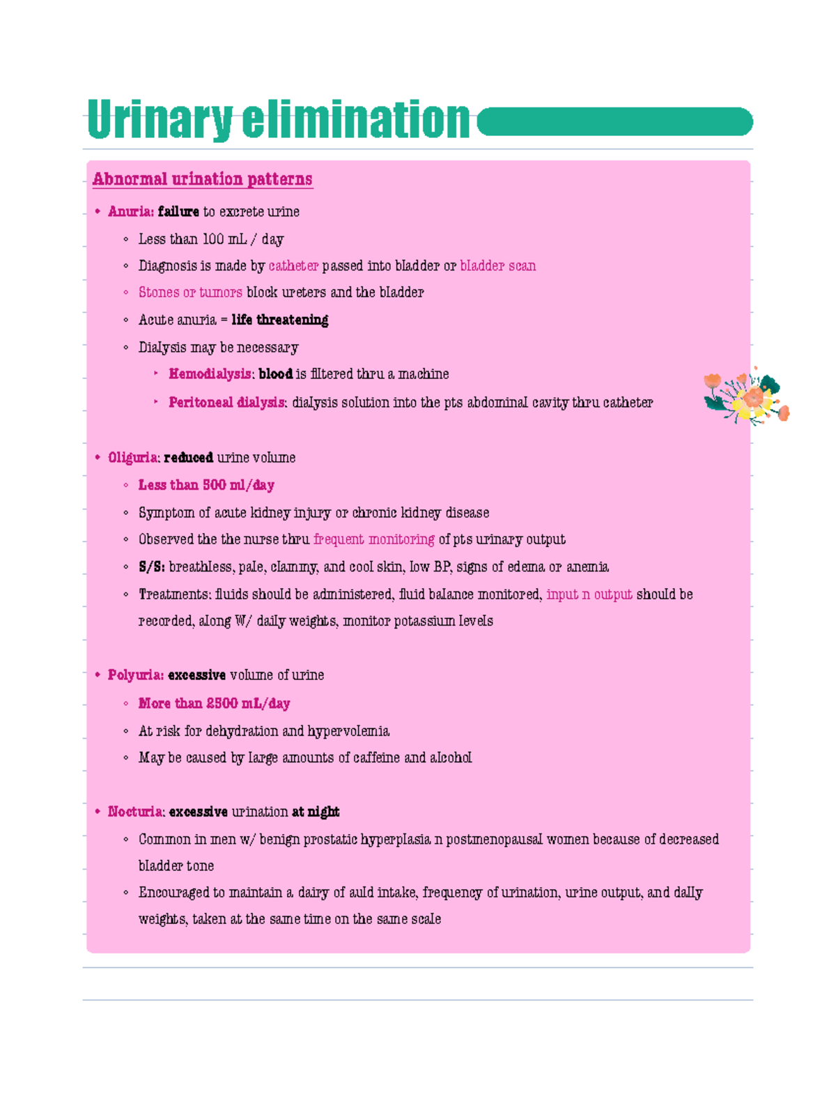 Exam 3 notes - Study guide - Urinary elimination Abnormal urination ...
