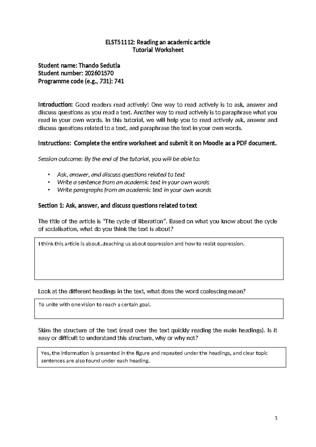 Reading an Academic Article Tutorial Worksheet (741) - Studocu