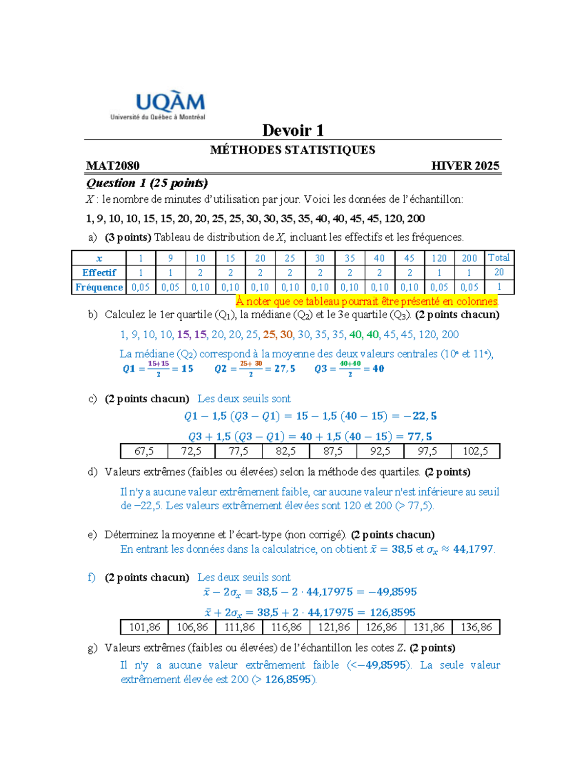 Devoir 1-MAT2080 - Devoir 1 MÉTHODES STATISTIQUES MAT2080 HIVER 2025 Question 1 (25 points) X ...