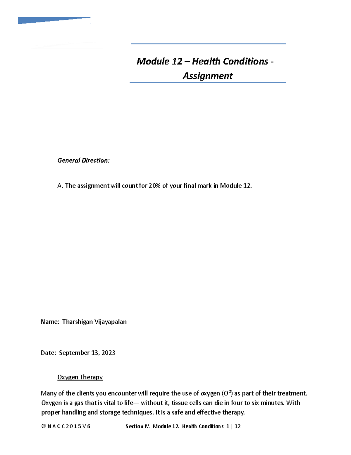 IV-12 Assignment: Understanding Oxygen Therapy in Health Conditions ...