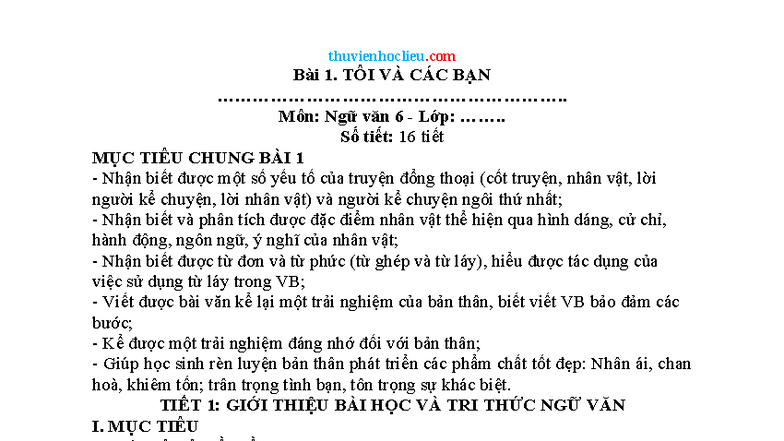 Ngữ Văn 6: Bài 1 - Tôi và Các Bạn (Truyện Đồng Thoại) - Studocu