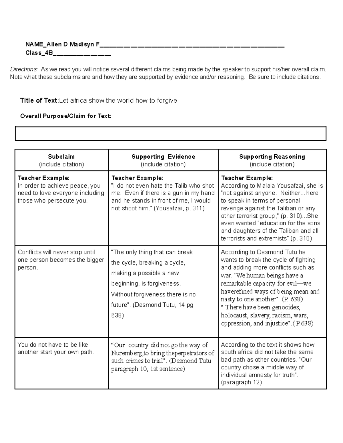 NAME_Allen D Madisyn Claim-Evidence-Reasoning Chart for Text Analysis ...