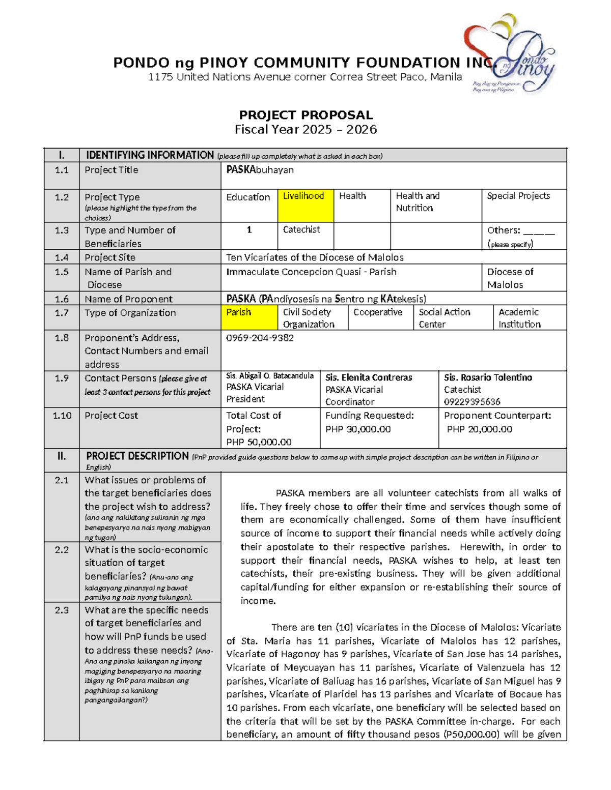 PASKAbuhayan Livelihood Project Proposal for Pondo ng Pinoy 2025-2026 ...