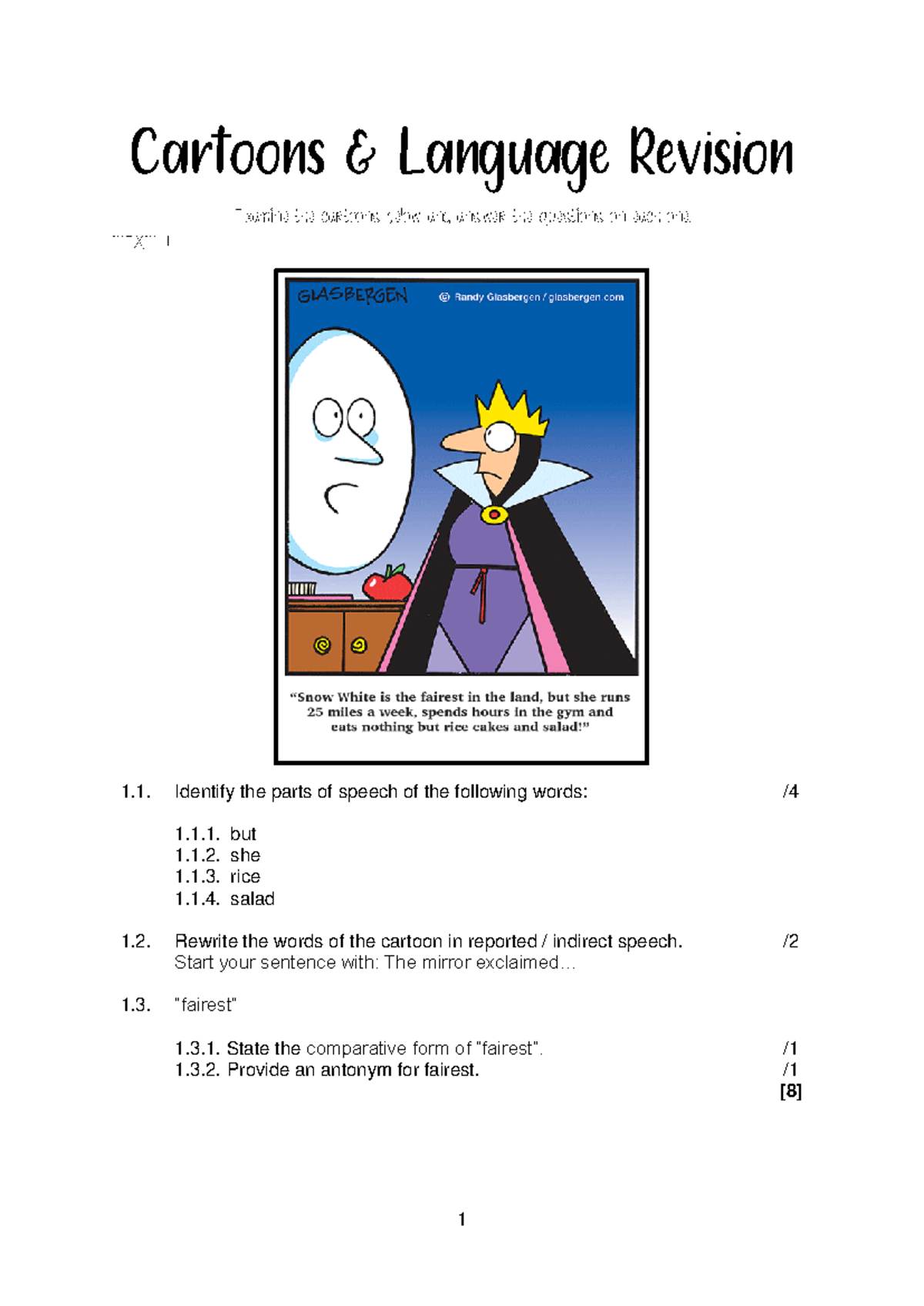 Grade 8 Cartoon Exercises: Analyzing Parts of Speech and Speech Forms ...