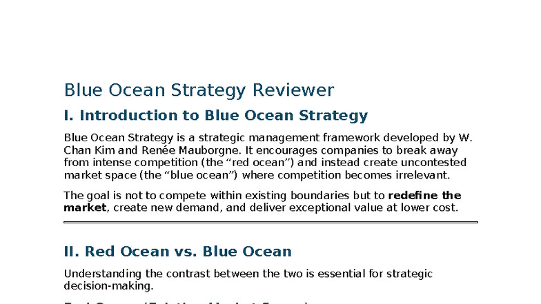 Blue Ocean Strategy Reviewer: Key Concepts & Frameworks Explained - Studocu