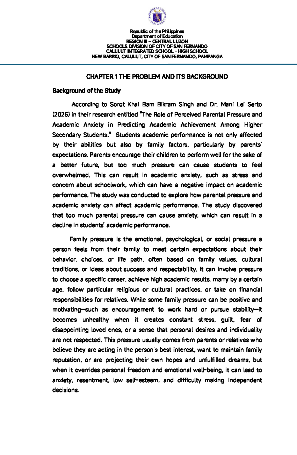 Effects of Family Pressure on Academic Performance of JHS Students (SY ...