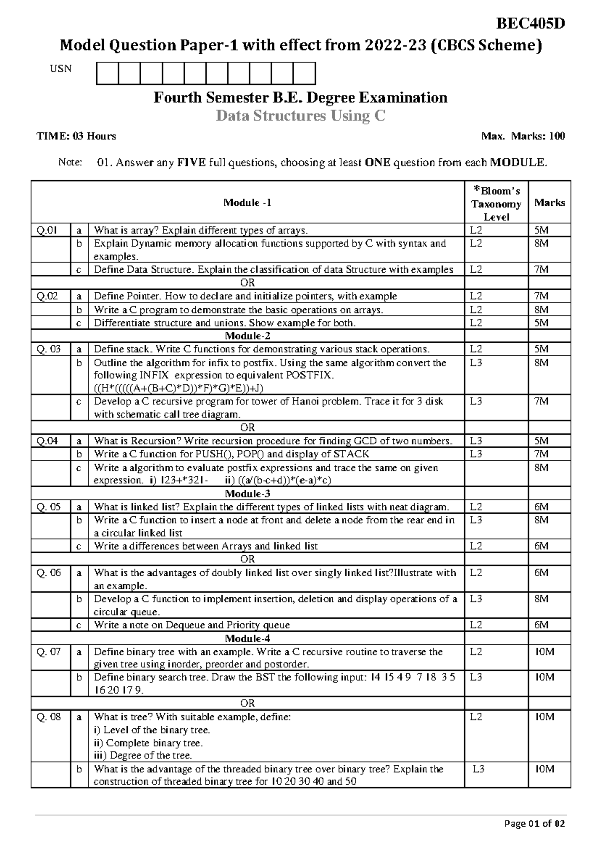 BEC405D - Model Question Paper 1 for Data Structures Using C - Studocu