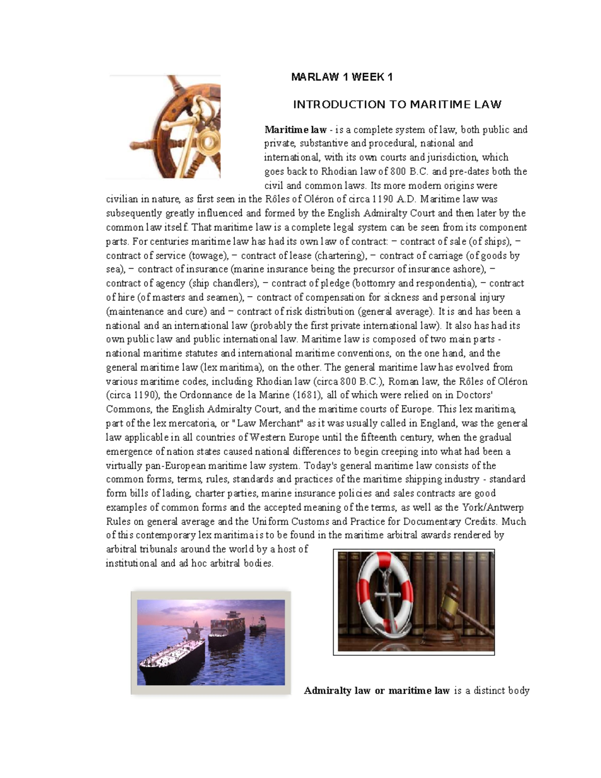 MARLAW 1 WEEK 1-4 INTRODUCTION TO MARITIME LAW AND REGULATIONS - Studocu