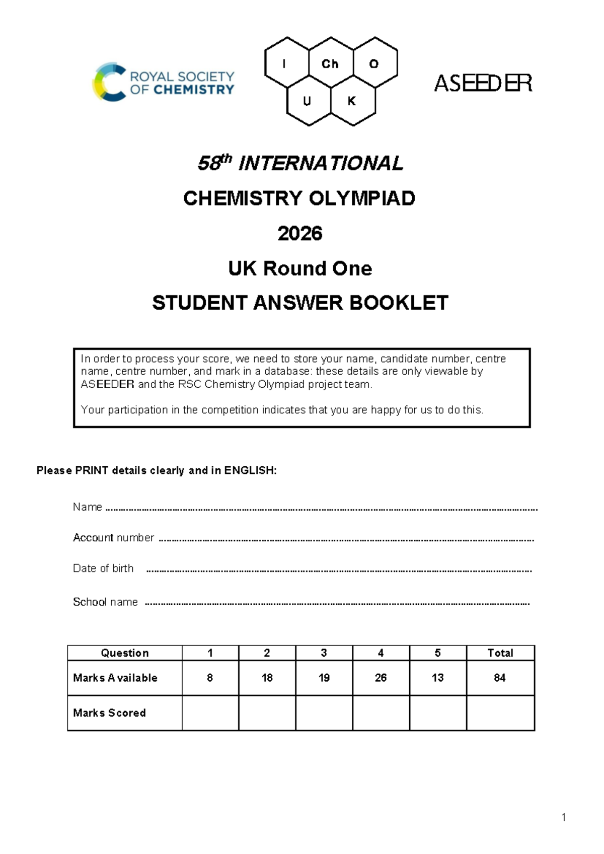 2026 ASEEDER International Chemistry Olympiad Round 1 Answer Booklet ...