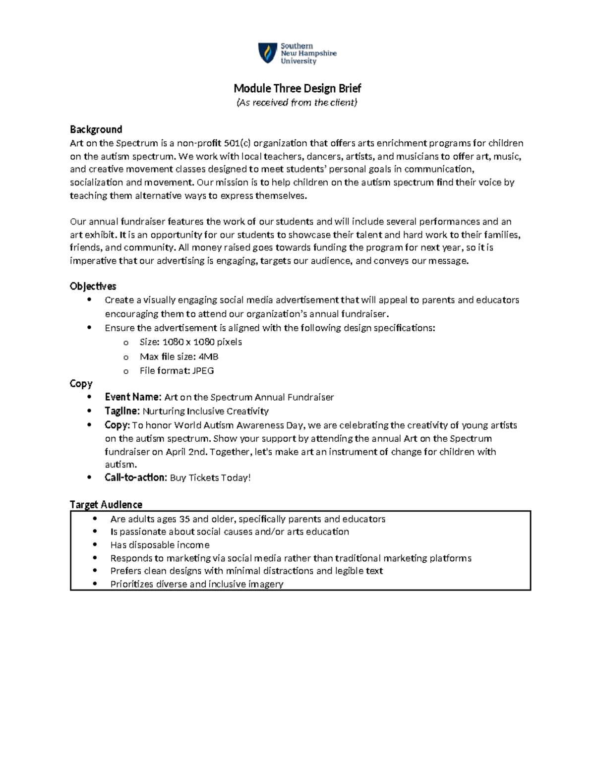 GRA 340 Module Three Design Brief: Advertising for Fundraiser Event ...