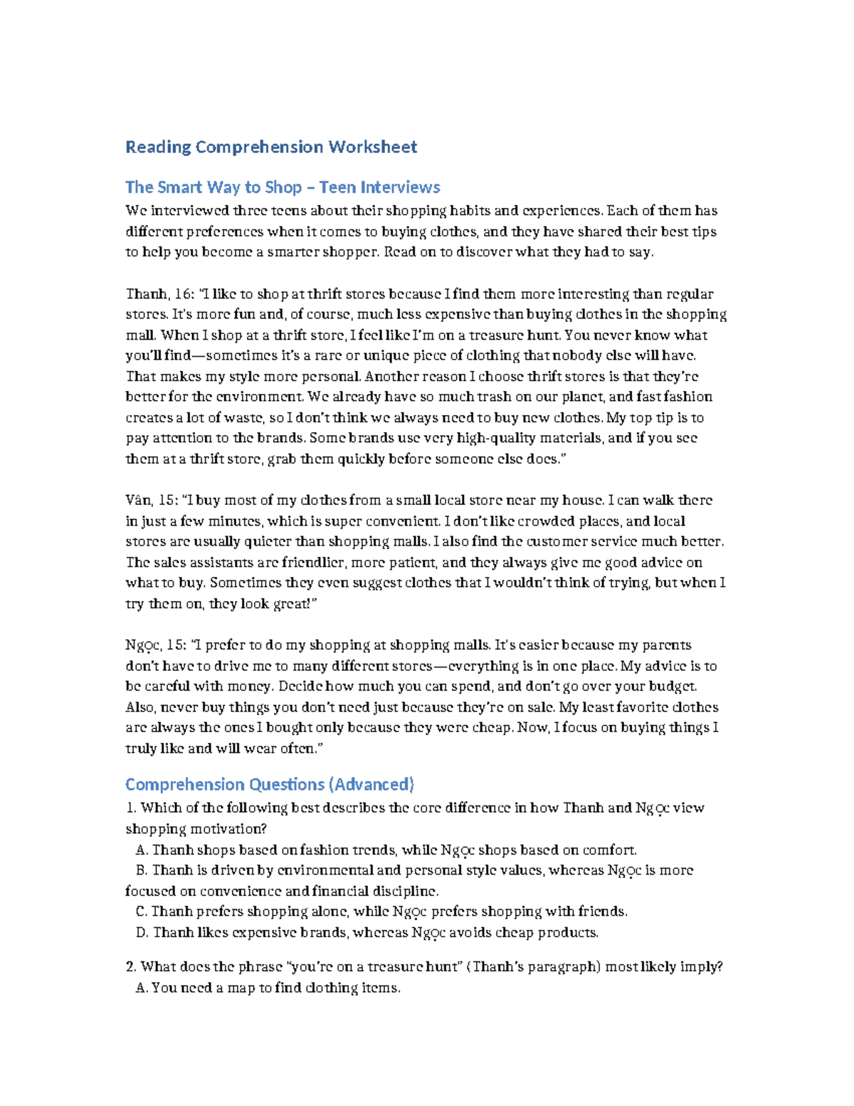 Smart Shopping Worksheet: Insights from Teen Interviews - Studocu