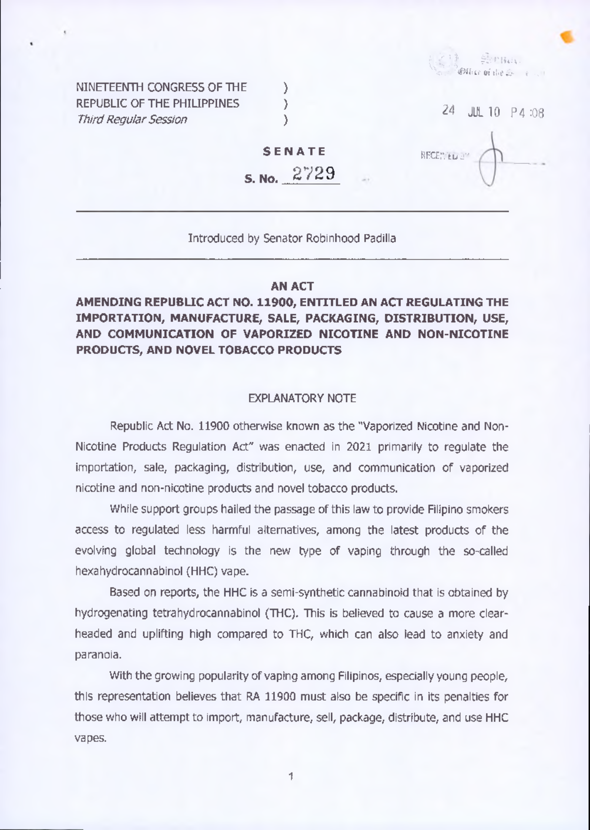 S.B. No. 2729: Amending RA 11900 on Vaporized Nicotine & HHC Products ...