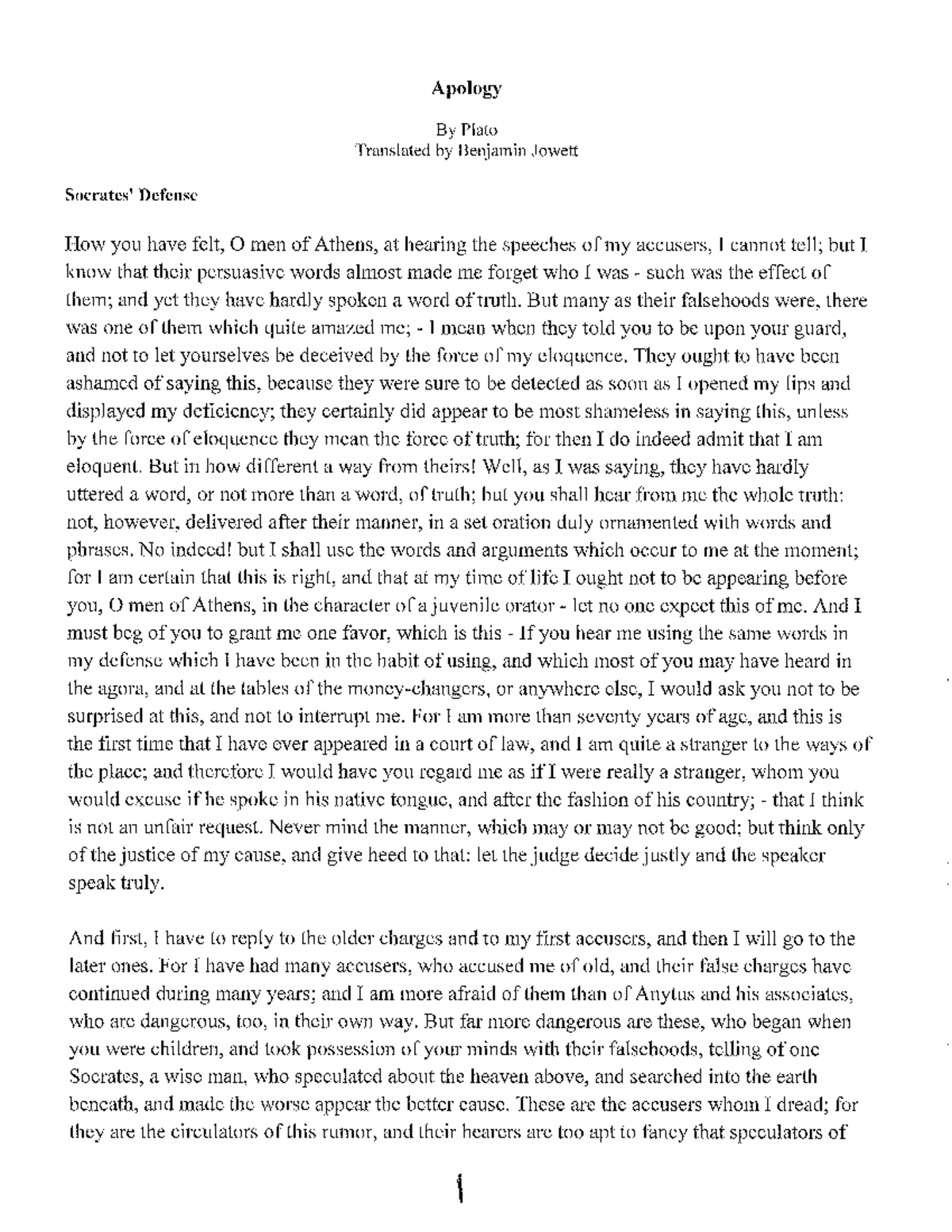 Apology of Socrates: A Translation by Benjamin Jowett - Studocu