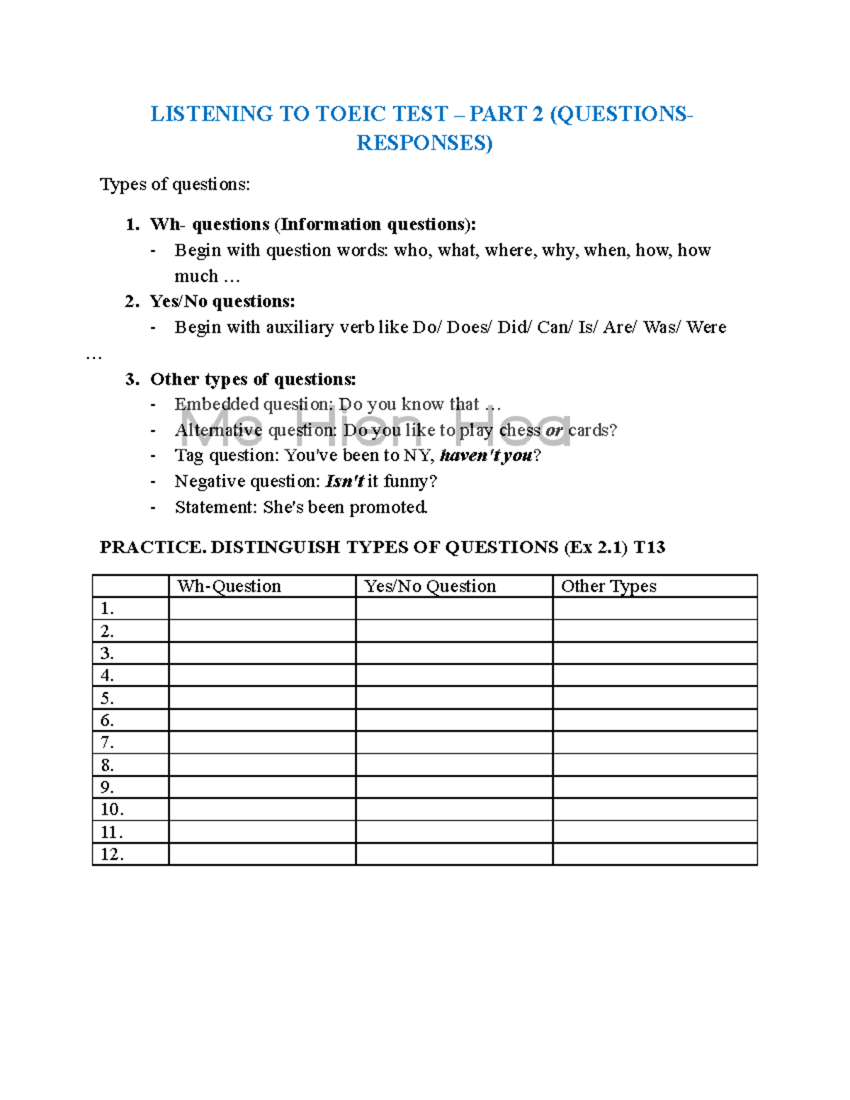 BÀI LUYỆN Listening TOEIC TEST – PART 2: TYPES OF QUESTIONS - Studocu