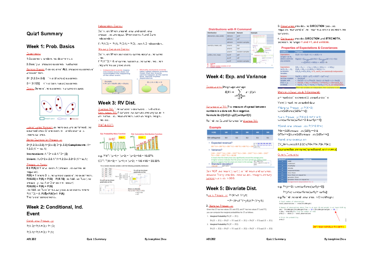 Cheat Sheet by prof - AB1202 Quiz 1 Summary By Josephine Zhou Quiz1 Summary Week 1: Prob. Basics ...