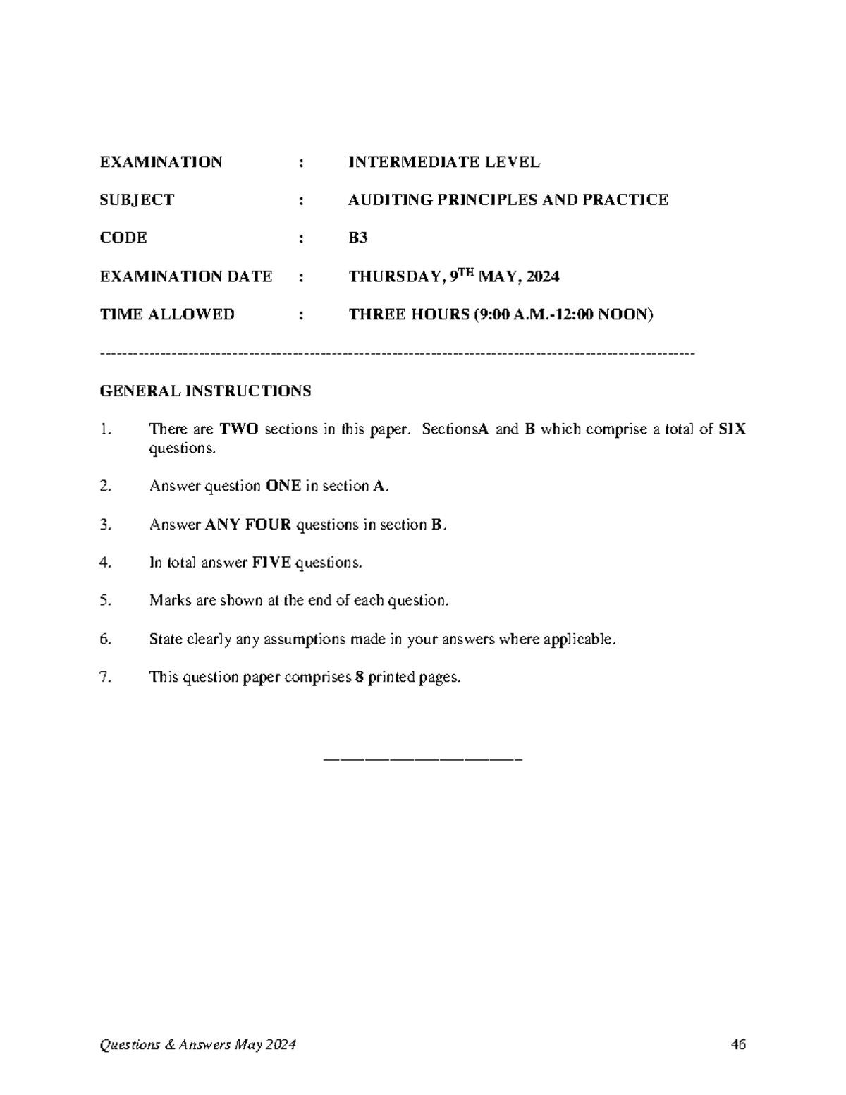 B3 MAY 2024 Question - students - EXAMINATION : INTERMEDIATE LEVEL ...