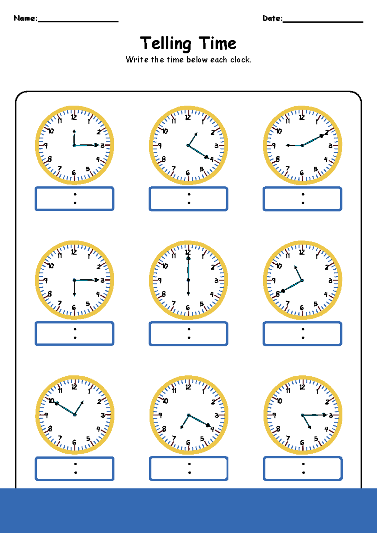 Telling Time - 2nd Grade Worksheet - Name: Date: Telling Time Write the ...