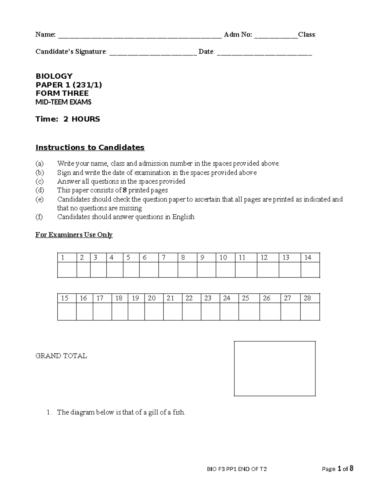 Biology F3 PP1 Mid-Term Exam Paper - Studocu