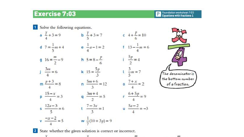 Australian Sign Post Y9 - Exercise 7.03 Equations & Fractions - Studocu