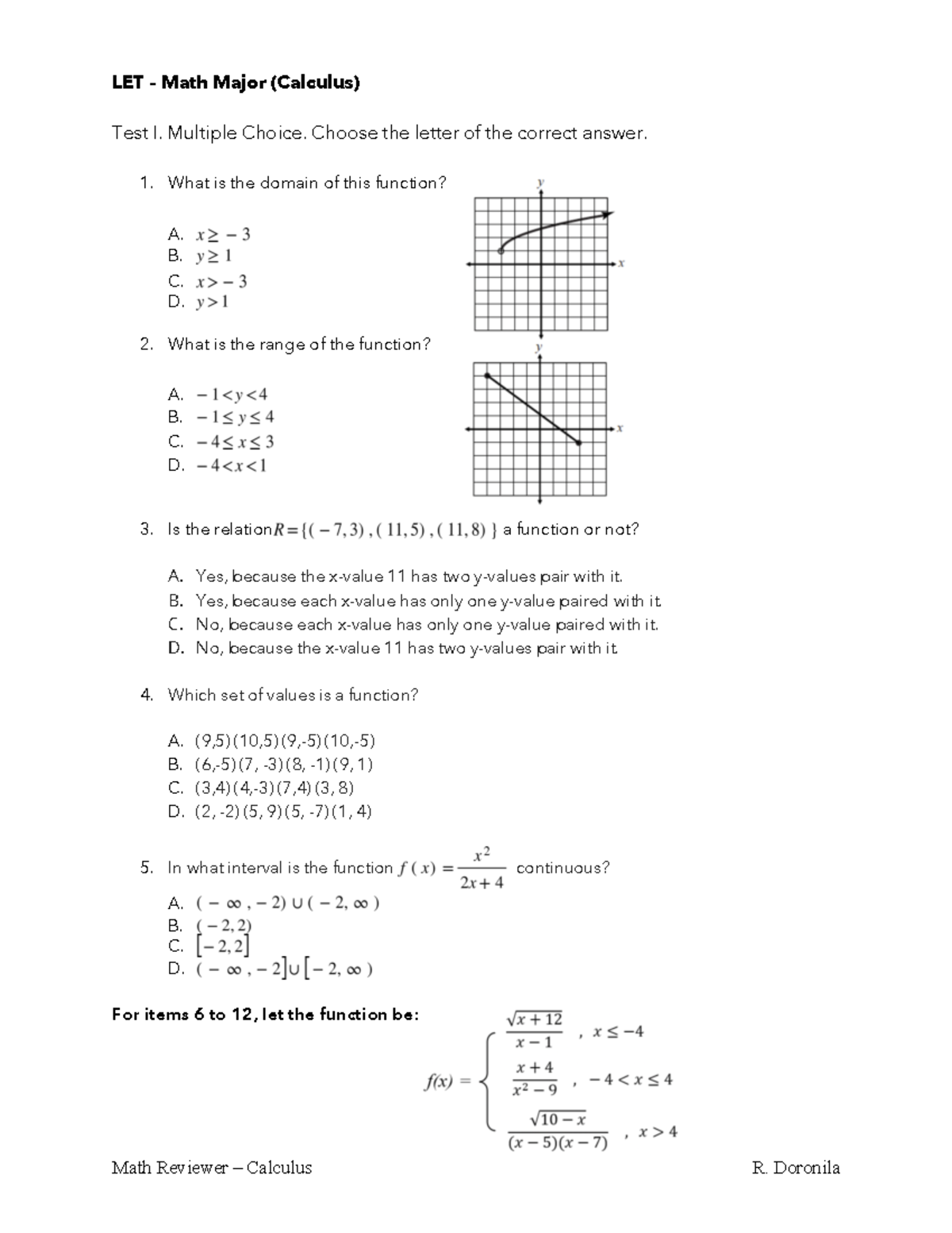 Calculus LET - Math Major Test I & II Review Questions - Studocu