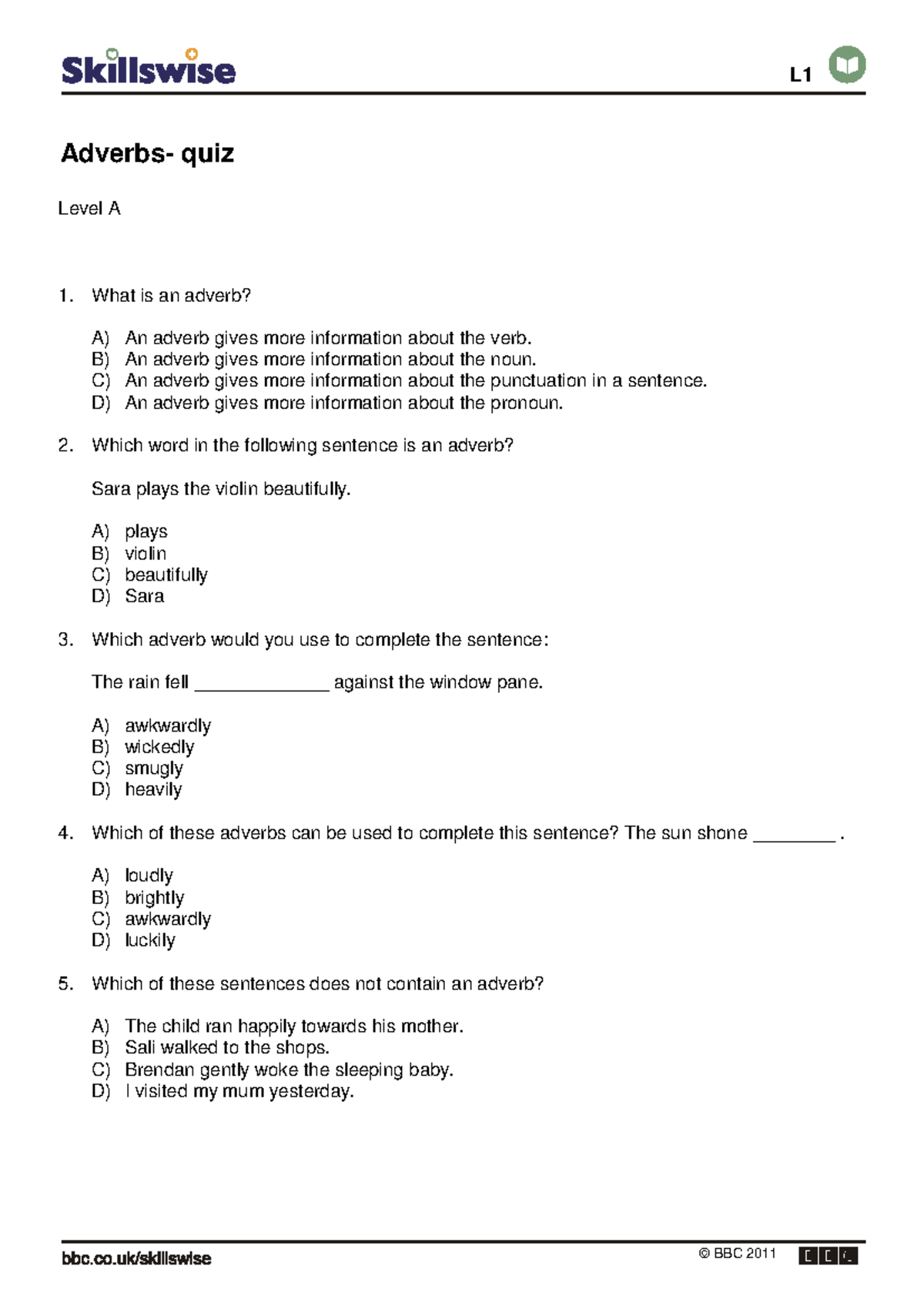 L1 Adverb Multiple Choice Quiz Worksheet - Studocu