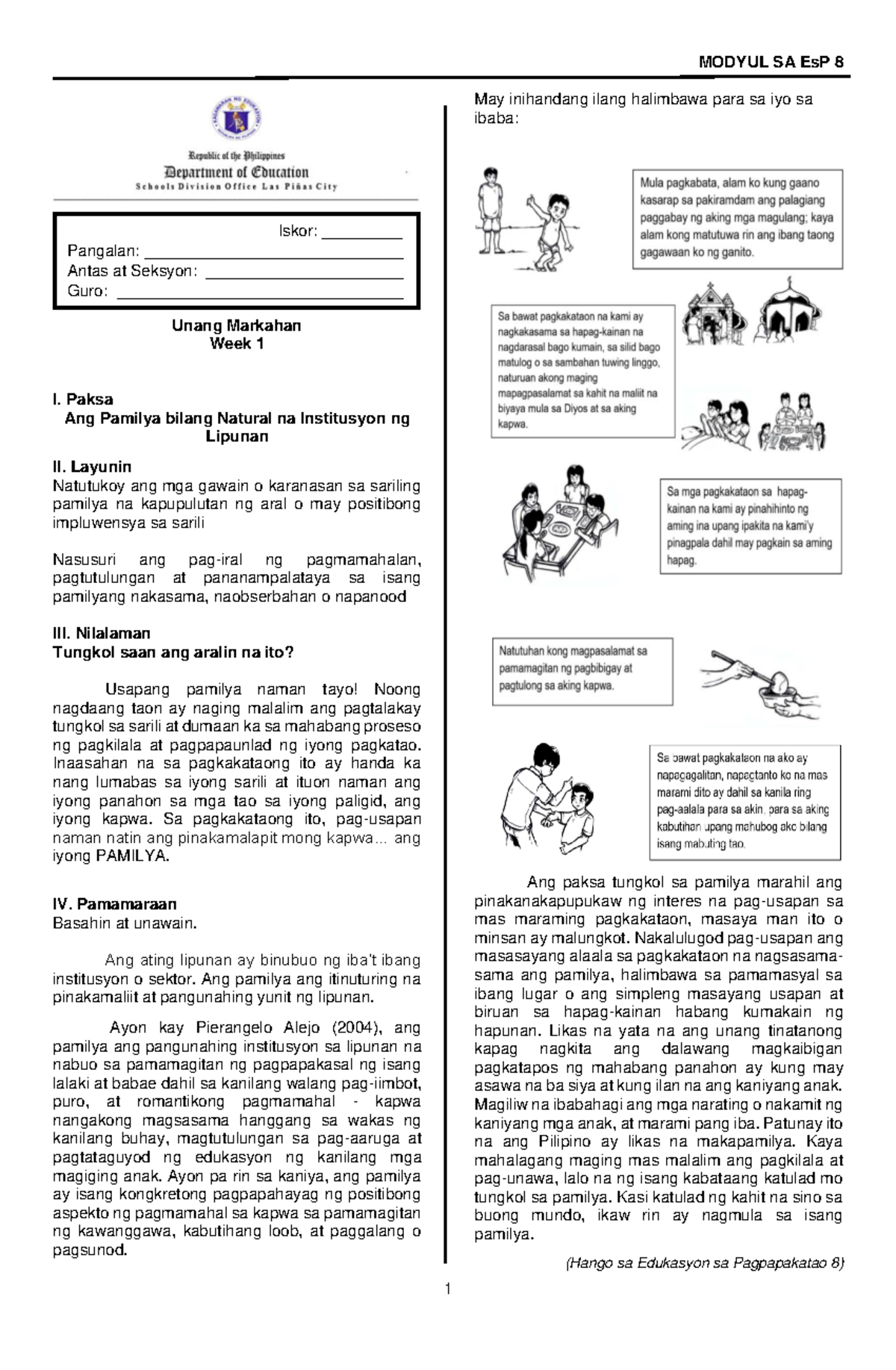 Es PModule 8 1st Qtr Week1 - MODYUL SA EsP 8 1 Unang Markahan Week 1 I. Paksa Ang Pamilya bilang ...