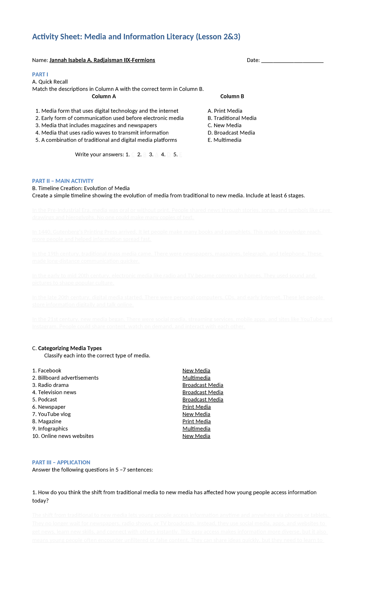 MIL Activity Sheet: Media Evolution & Literacy Lesson - Studocu