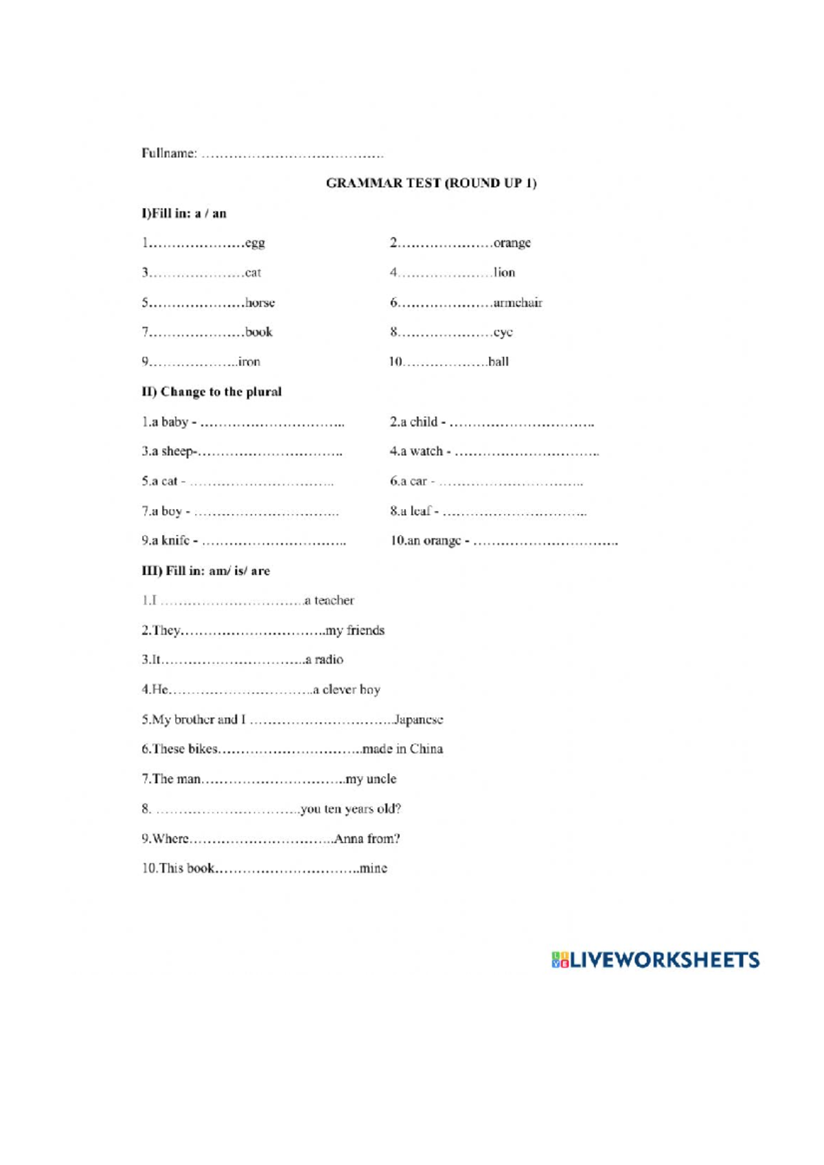 Grammar Test Worksheet 1981233 - Round Up 1 - Studocu