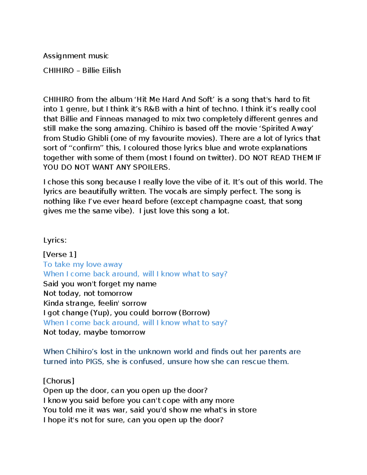 Assignment Music Analysis: Billie Eilish's "Chihiro" from Me - Studeersnel