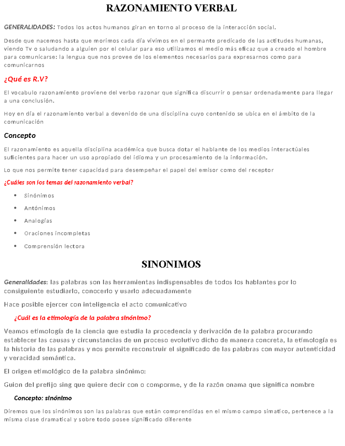 Lenguaje y Sinonimo - copia - RAZONAMIENTO VERBAL GENERALIDADES: Todos ...
