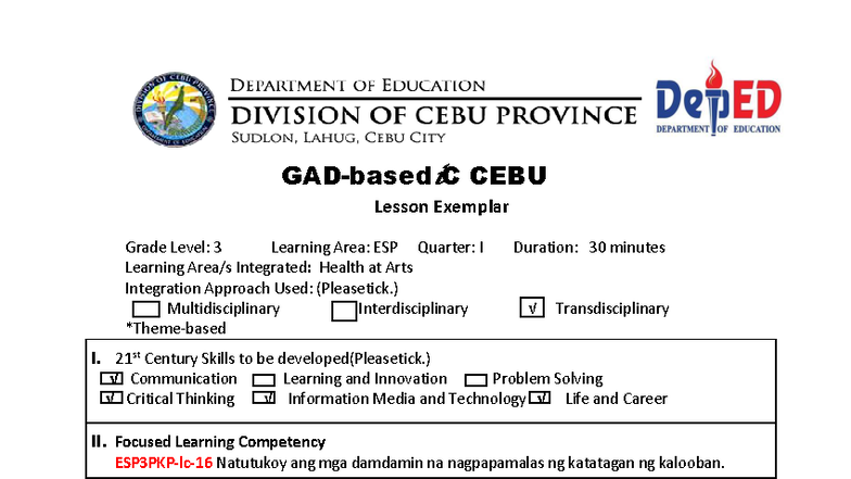 CEBU Lesson Exemplar: Katatagan ng Loob para sa Baitang 3 ESP I - Studocu