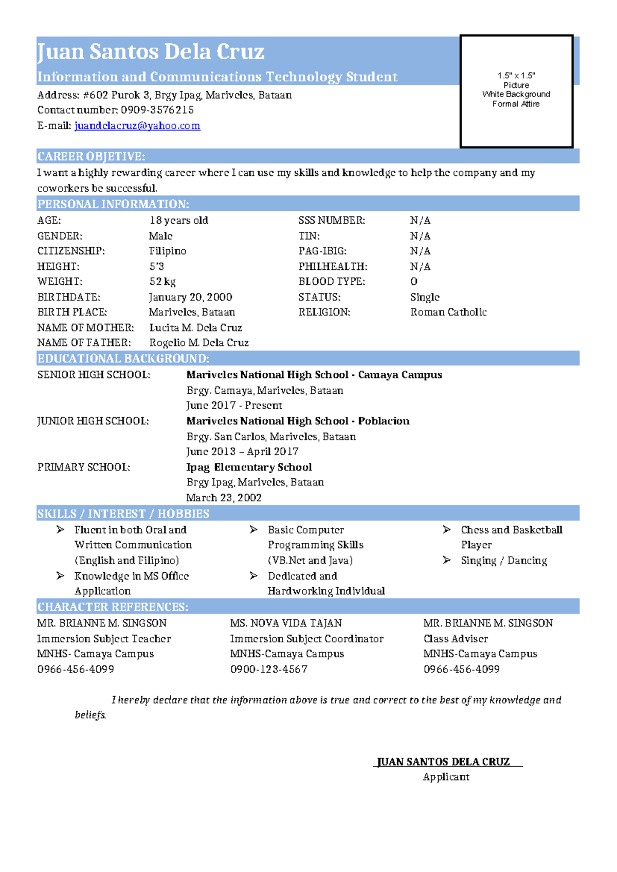 Resume Sample for ICT Student - Juan Dela Cruz - Studocu