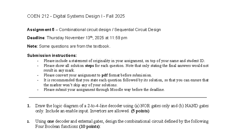 COEN 212 Assignment 5: Combinational & Sequential Circuit Design - Studocu