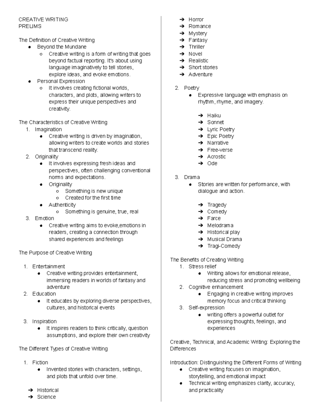 Creative Writing Prelims: Exploring Imagination and Expression - Studocu