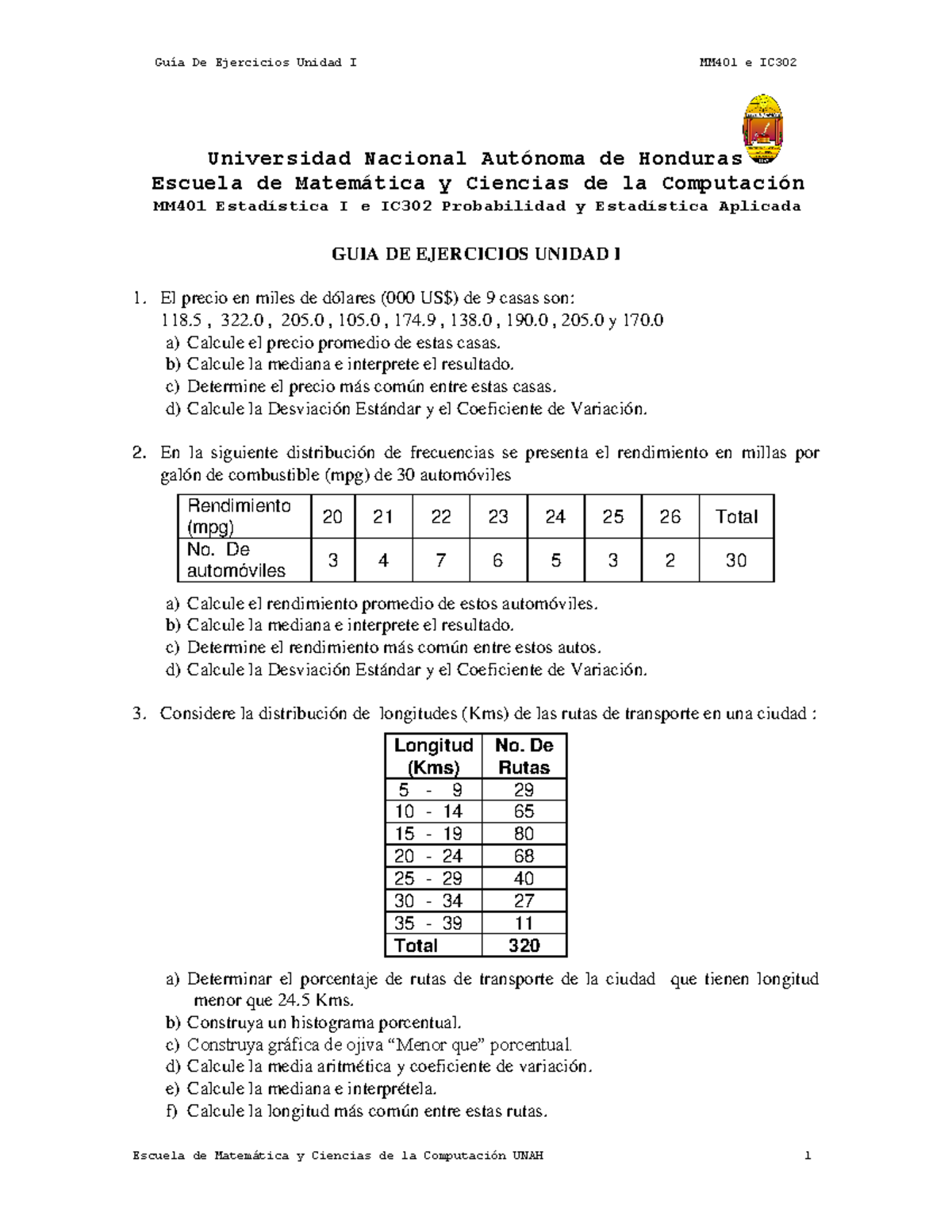 Guía de Ejercicios MM401 e IC302 - Unidad I: Estadística y Probabilidad ...