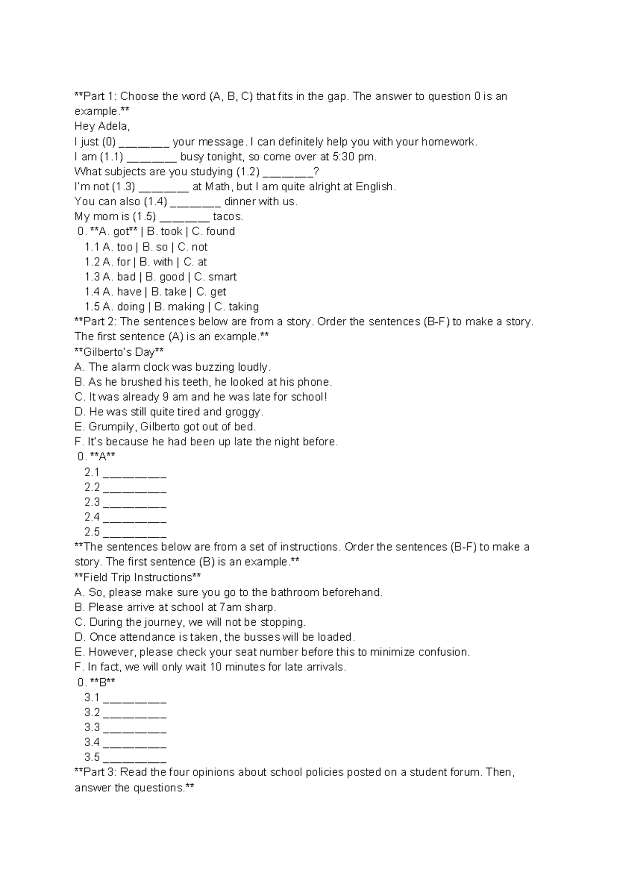 Aptis English Reading Practice: Gap Fill & Story Ordering - Studocu