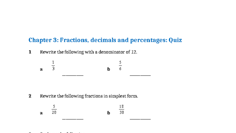 Fractions, Decimals & Percentages Quiz 2024: Chapter 3 - Studocu