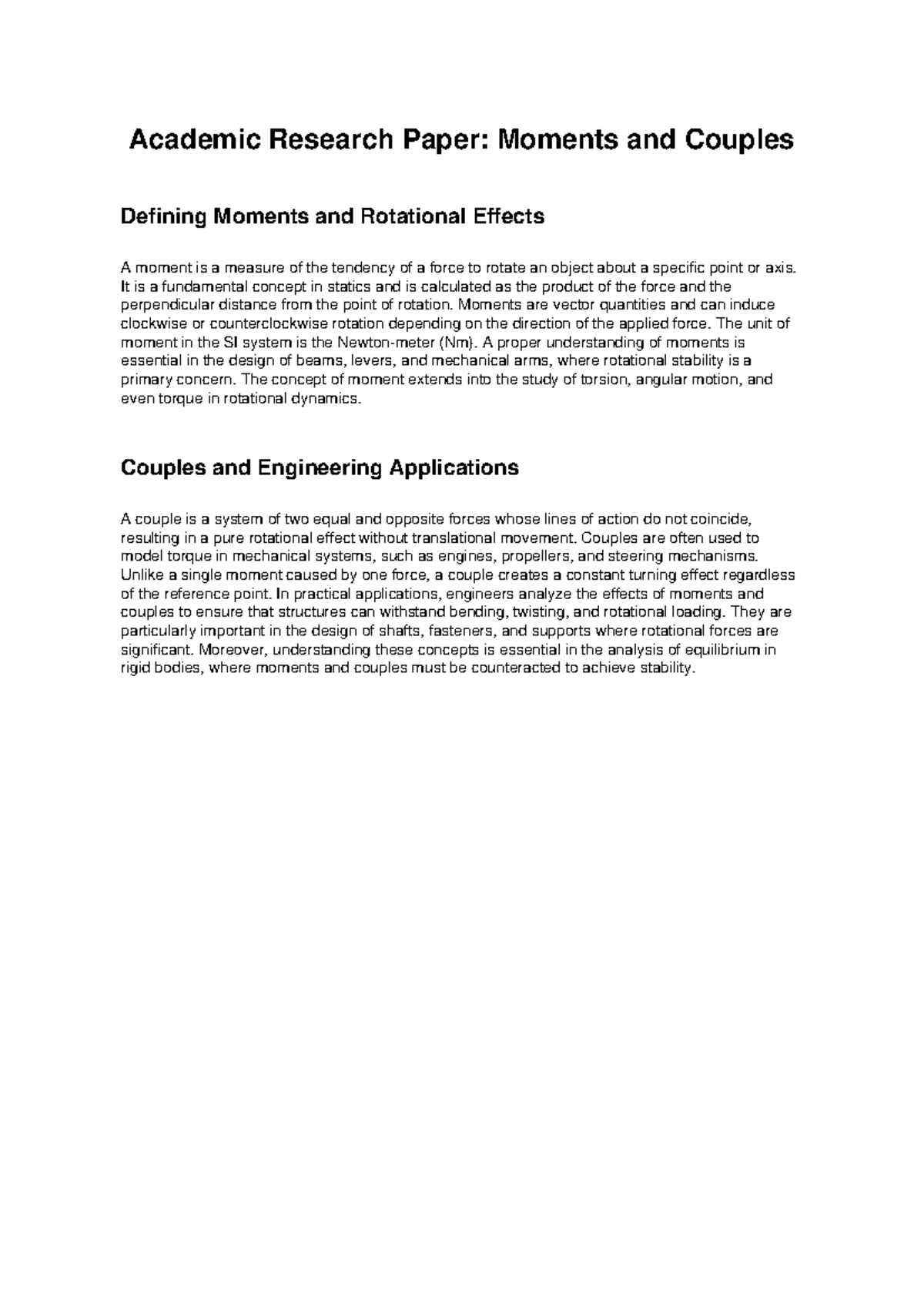 Academic Research Paper: Moments & Couples in Engineering (AR3) - Studocu