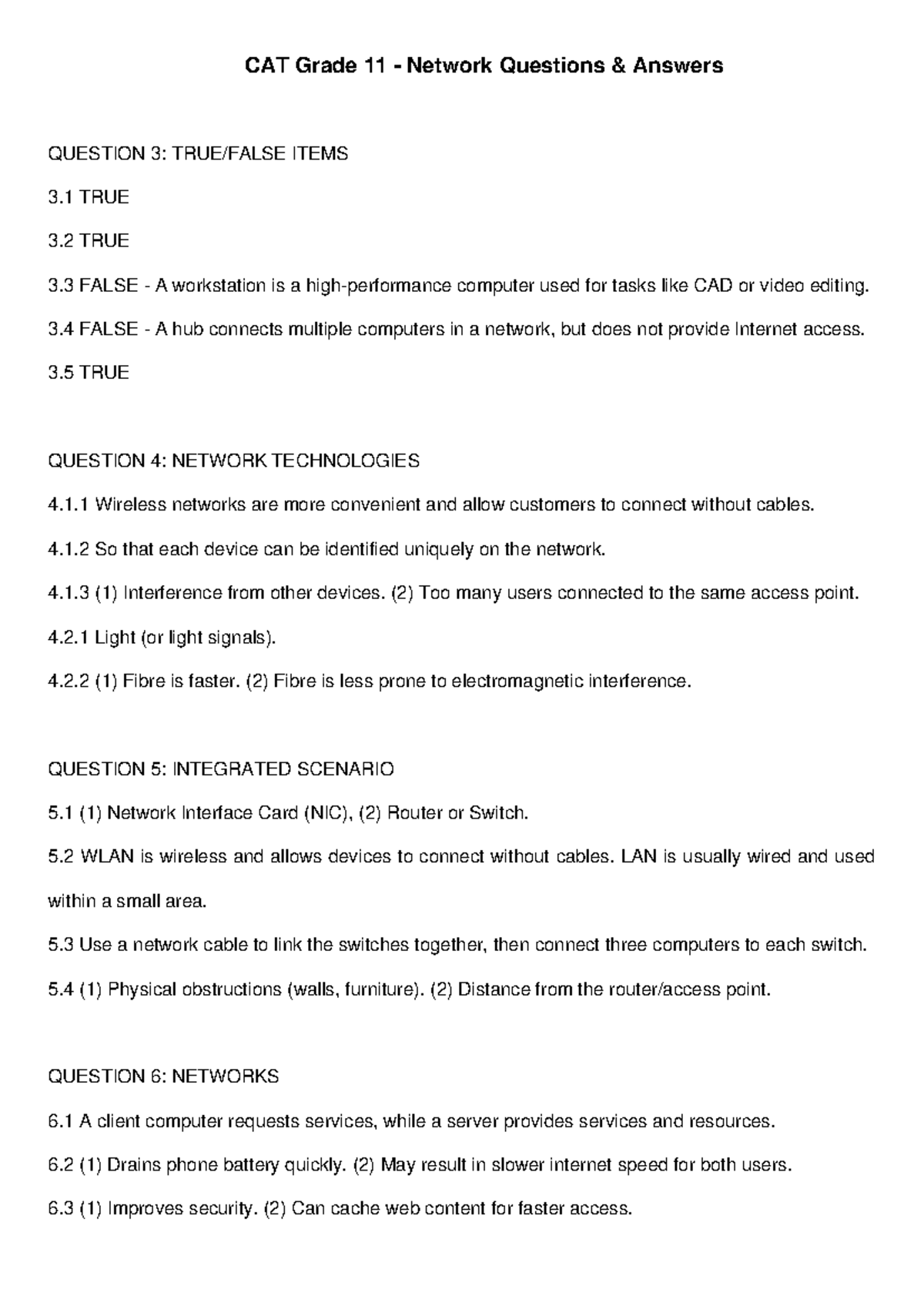 Grade 11 CAT Network Questions & Answers Summary - Studocu