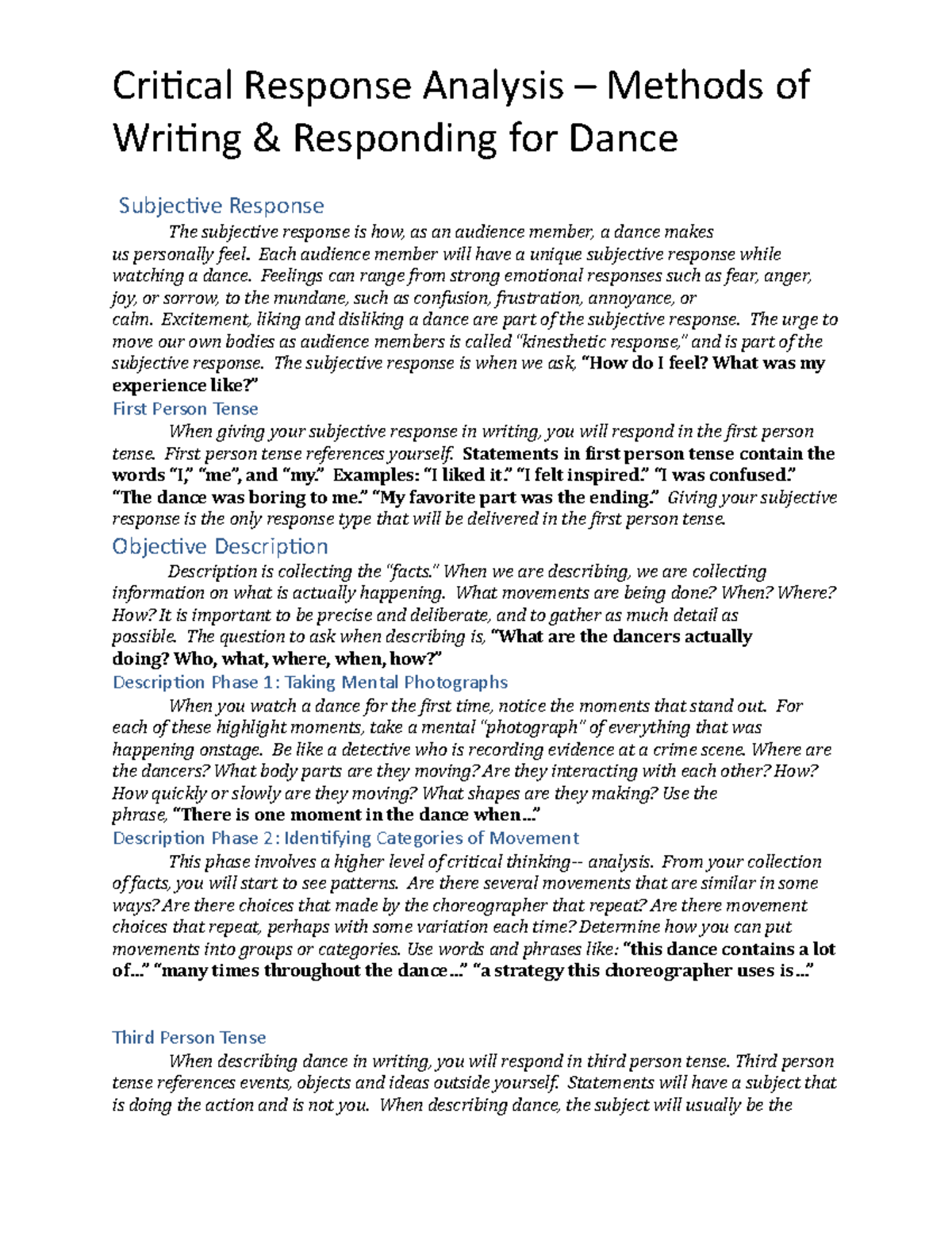 Critical Response Analysis: Methods of Writing for Dance 101 - Studocu