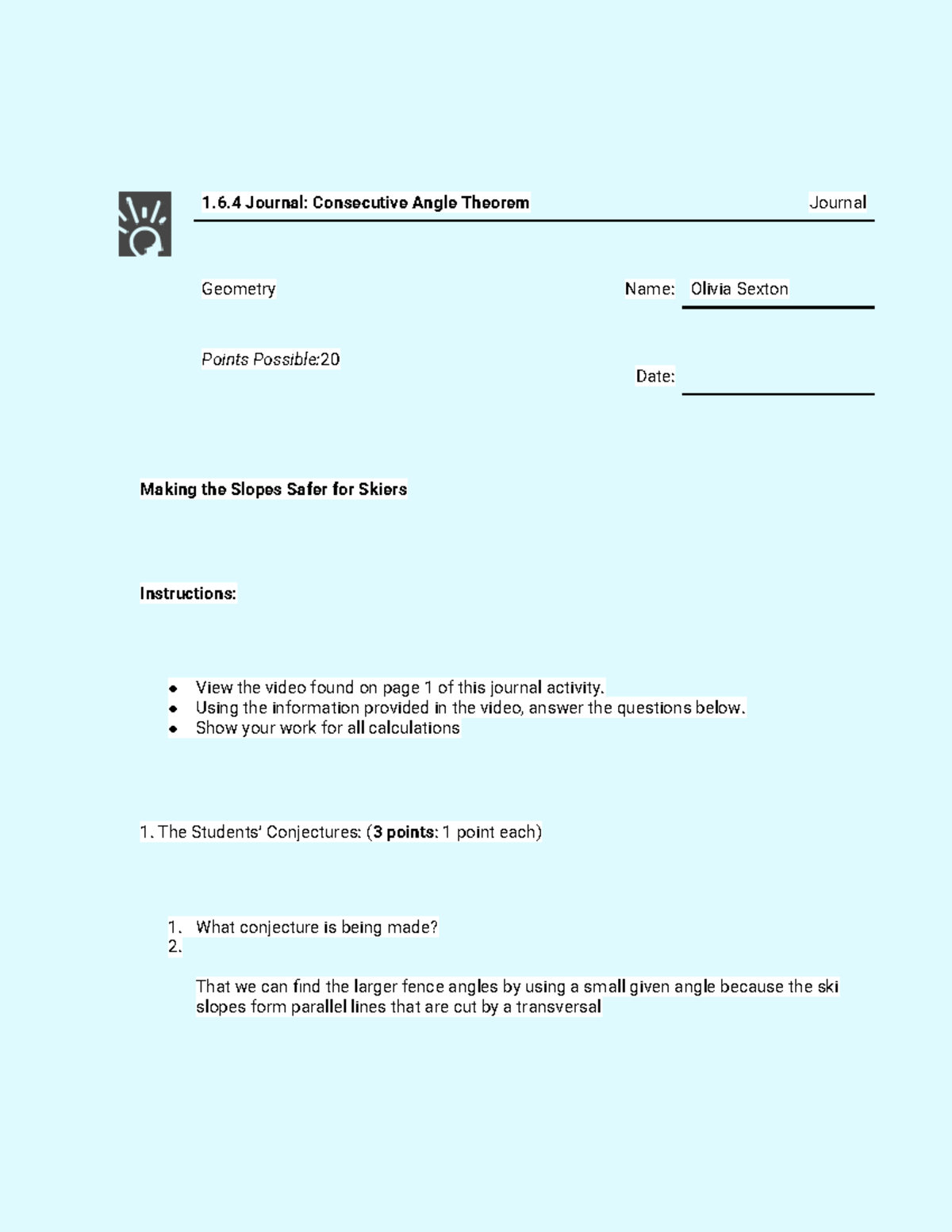 1.6.4 Journal: Understanding the Consecutive Angle Theorem in Geometry ...