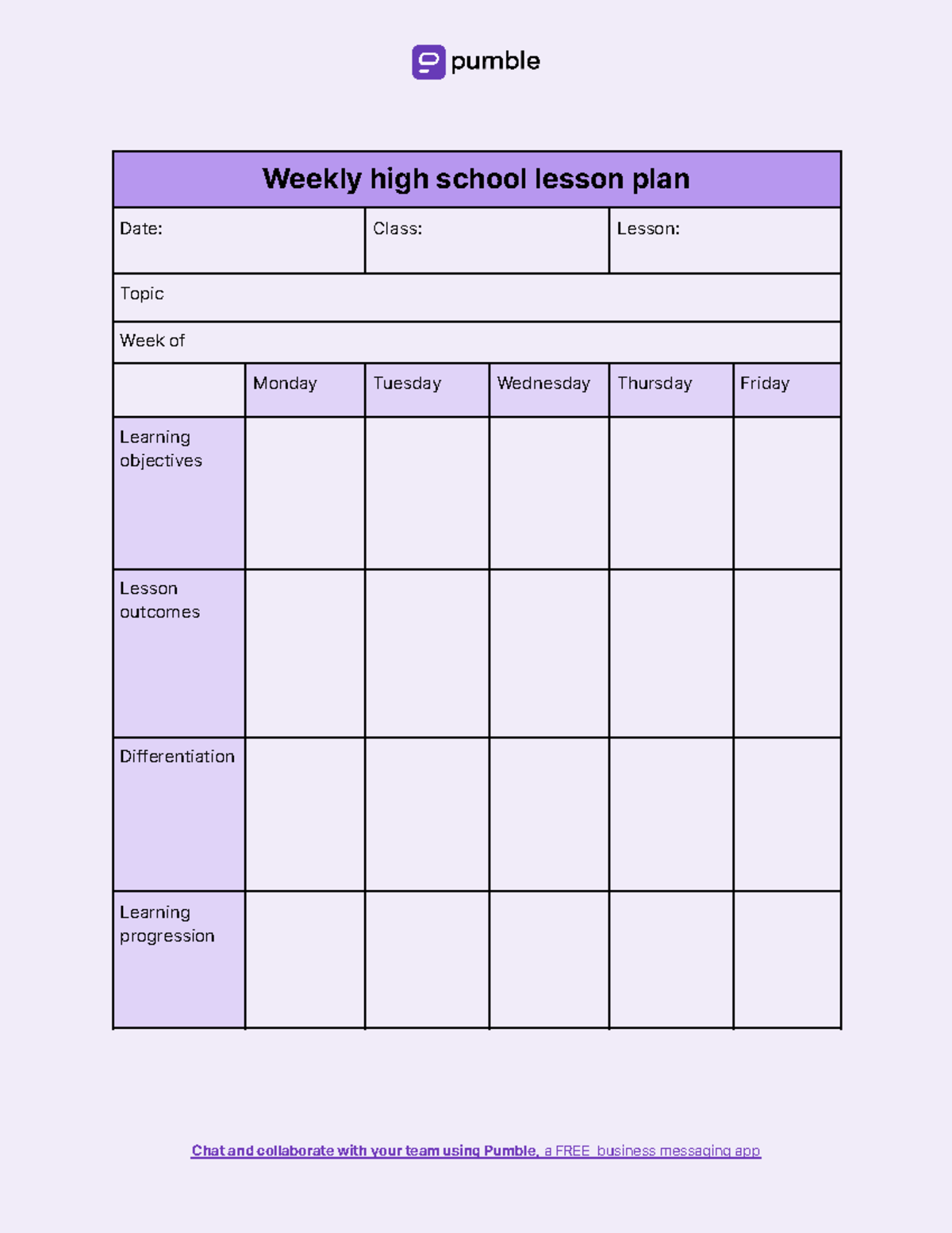 Weekly high school lesson plan template - Elementary Education - Weekly ...