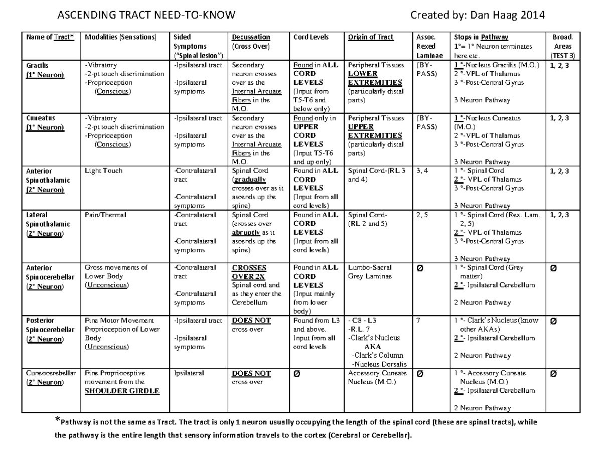 Ascending Tract Overview: Key Modalities and Neuron Pathways - Studocu